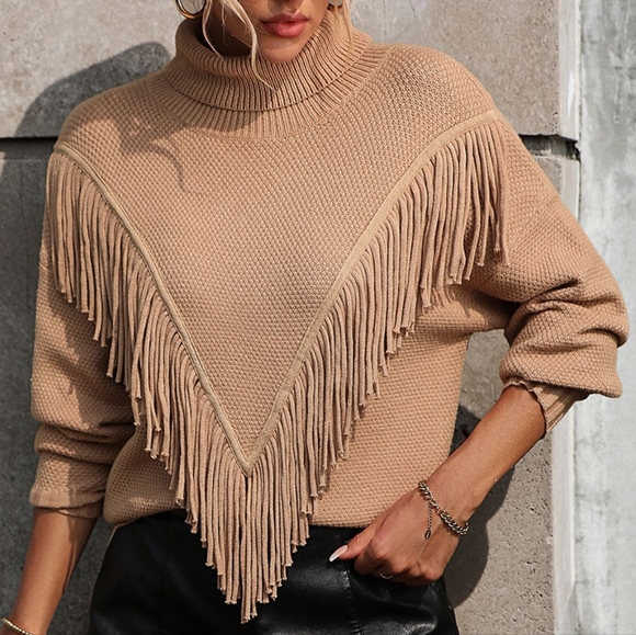 Harmony In Nature | Sweaters | Esme Fringe Turtleneck Sweater Tan ...